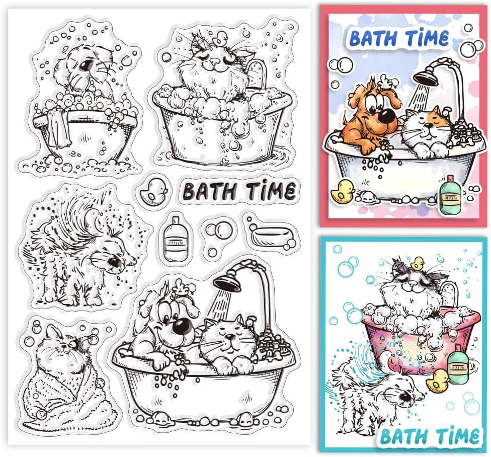 Cat Dog Bath Clear Stamps Animal Cat Dog Clear Rubber Stamps Bathing ...