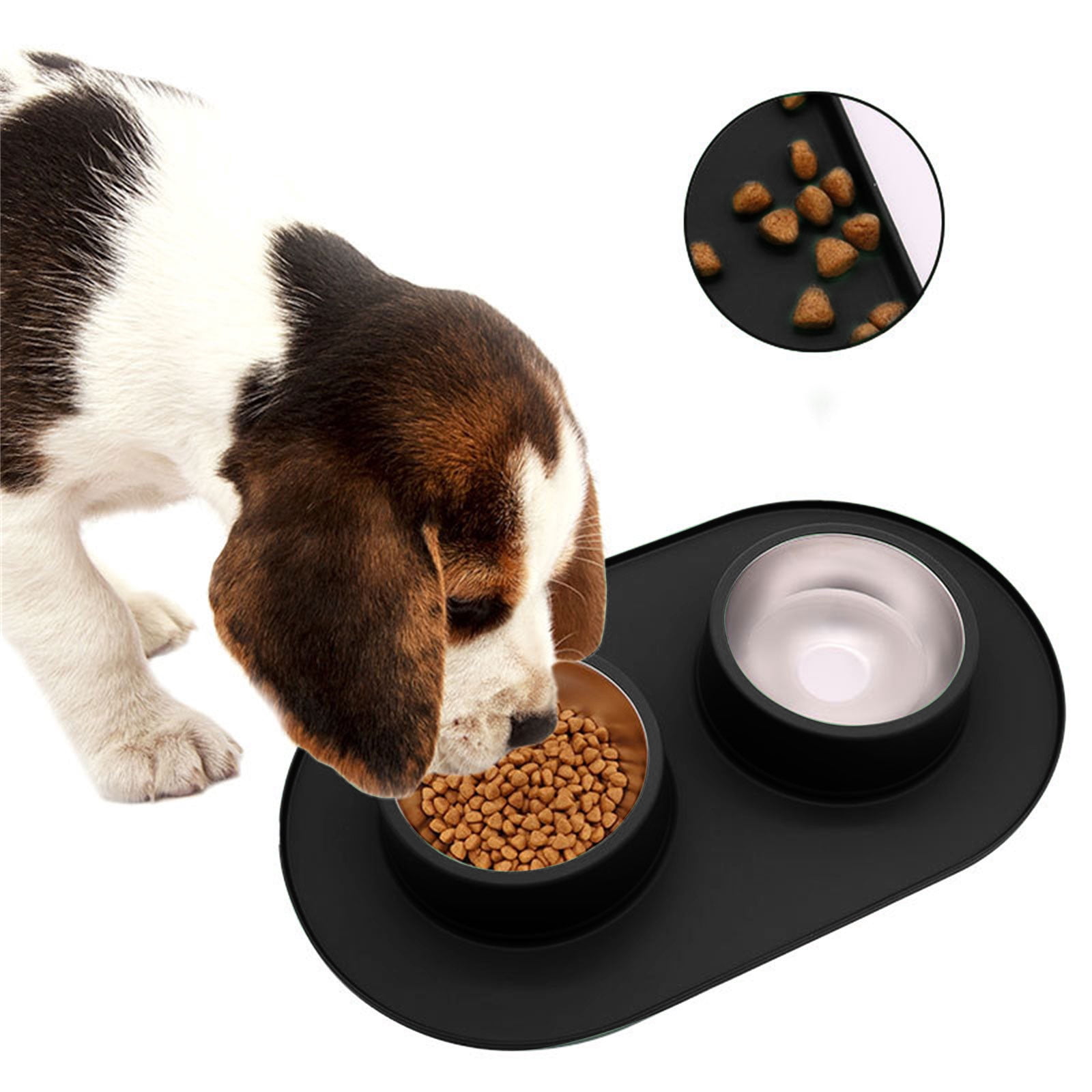 Cat & Dog Bowls Set Double Dish with Rubber Mat Stainless Steel Food ...