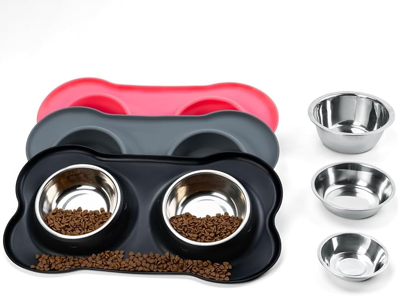 Cat Dog Bowls with Silicone Feeding Mat, No Spill Food Water Dish Set ...