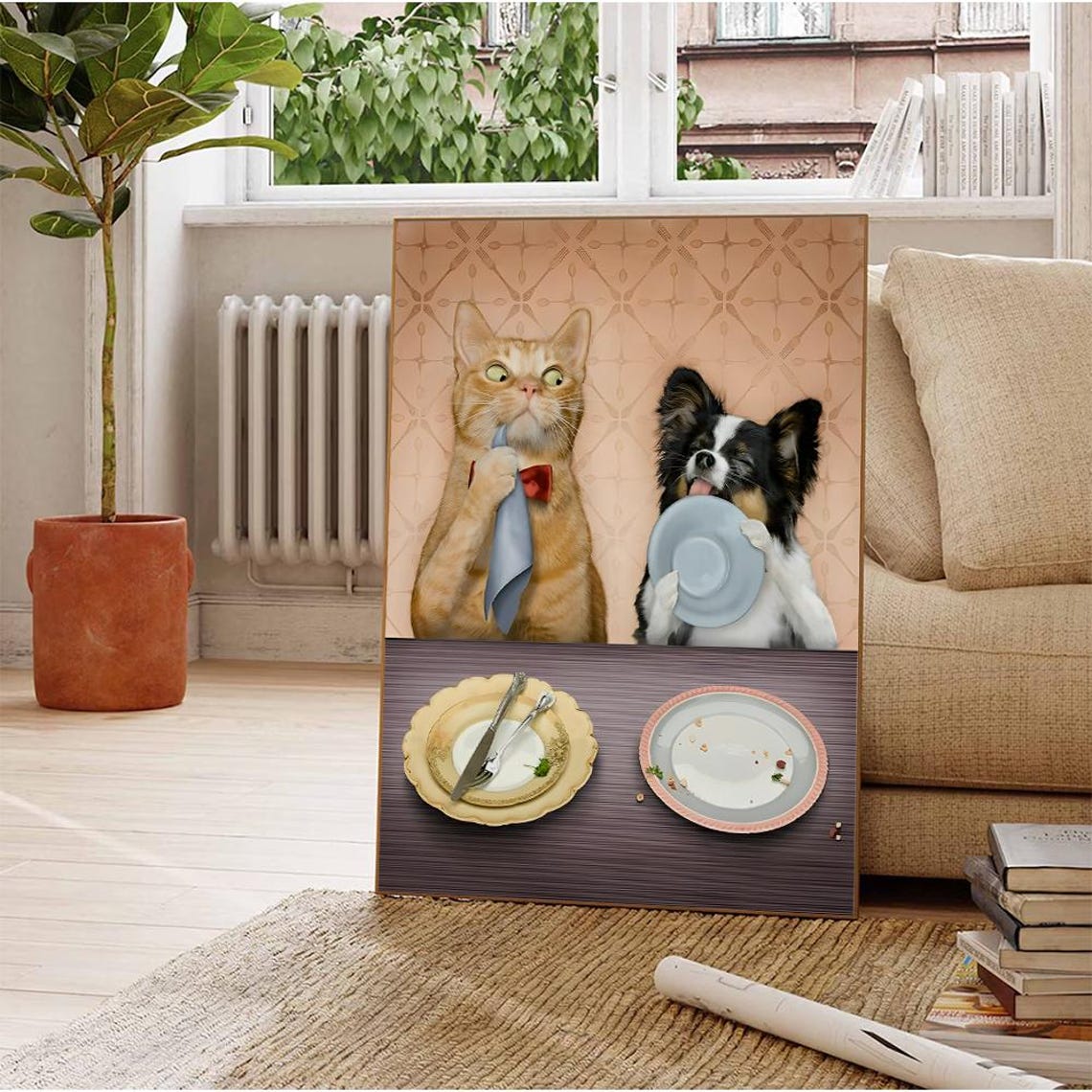 Cat And Dog Dinner Poster Â€” Whimsical Pet Wall Art, Playful Animal ...