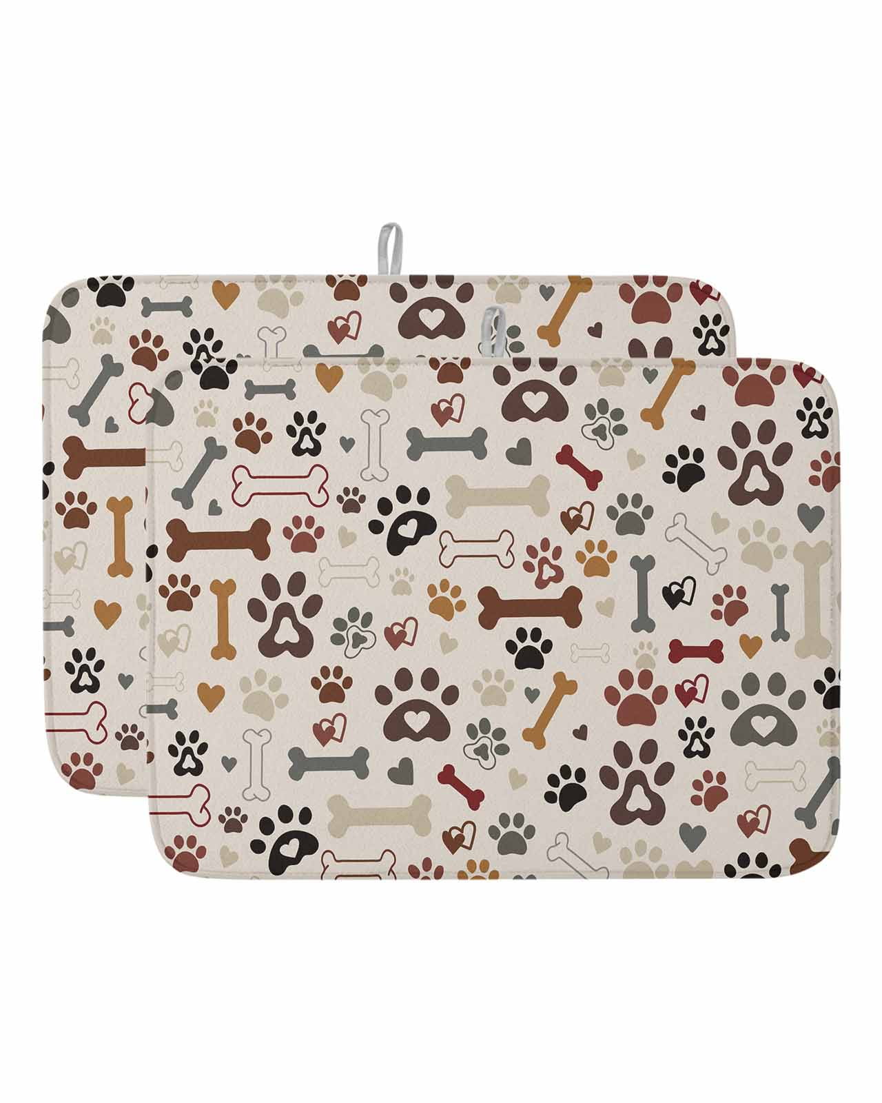 Cat Dog Paw Print Dish Drying Mat, Retro Brown Bones Absorbent Dish ...