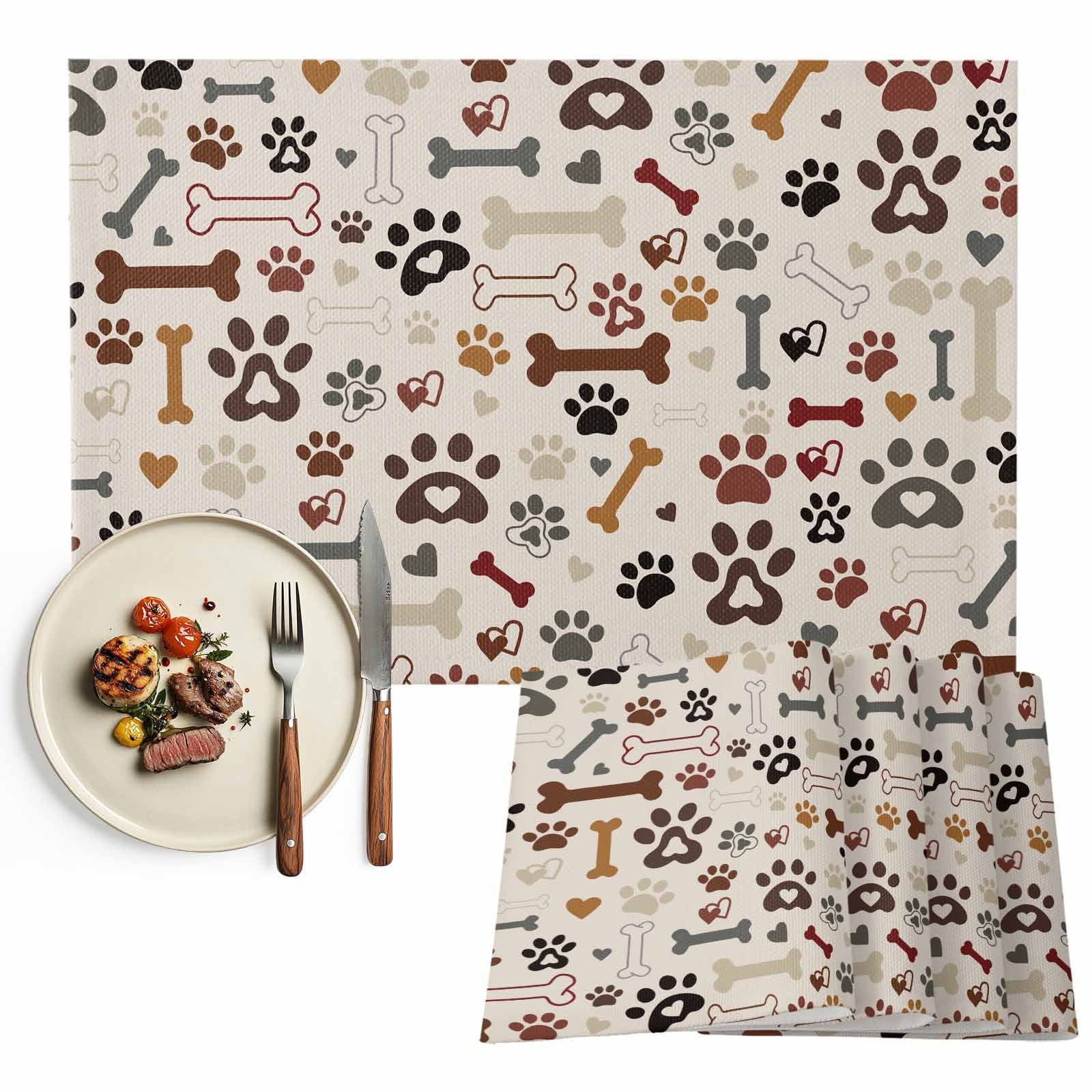 Cat Dog Paw Print Placemats Set of 12, Retro Brown Bones Table Mats ...