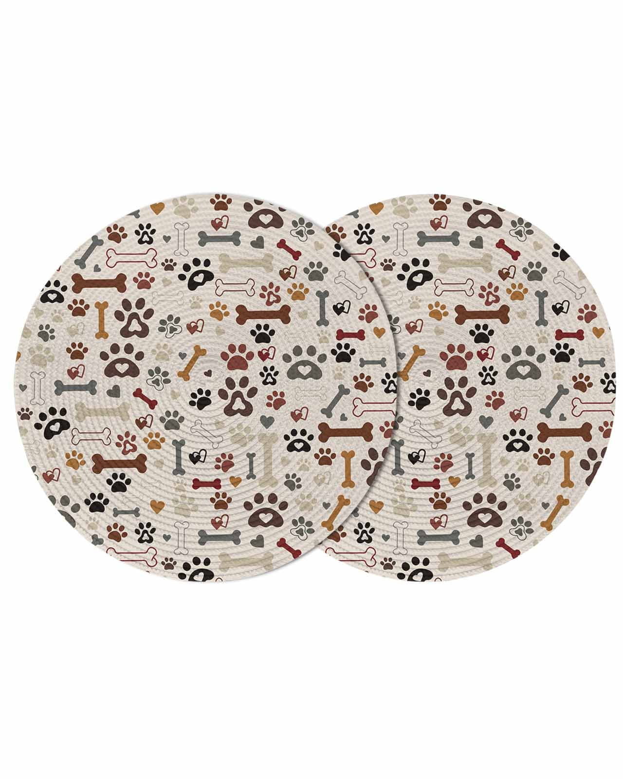 Cat Dog Paw Print Round Table Placemats set of 2, Retro Brown Bones ...