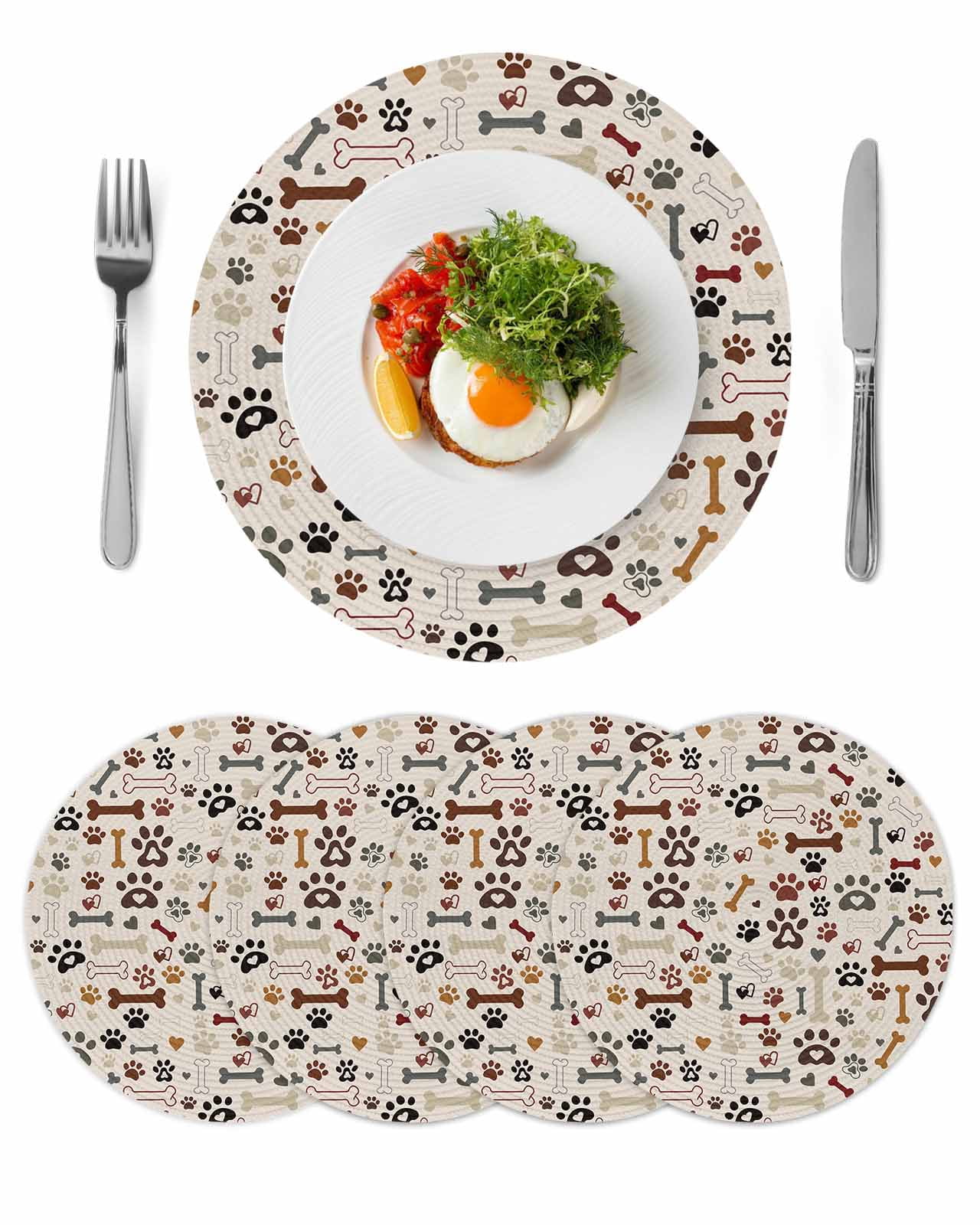 Cat Dog Paw Print Round Table Placemats set of 4, Retro Brown Bones ...