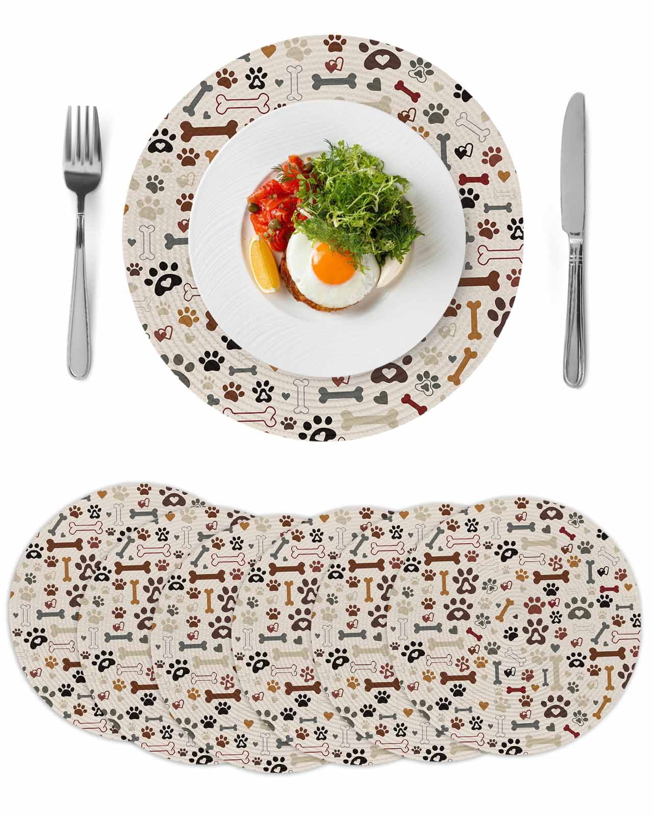 Cat Dog Paw Print Round Table Placemats set of 6, Retro Brown Bones ...