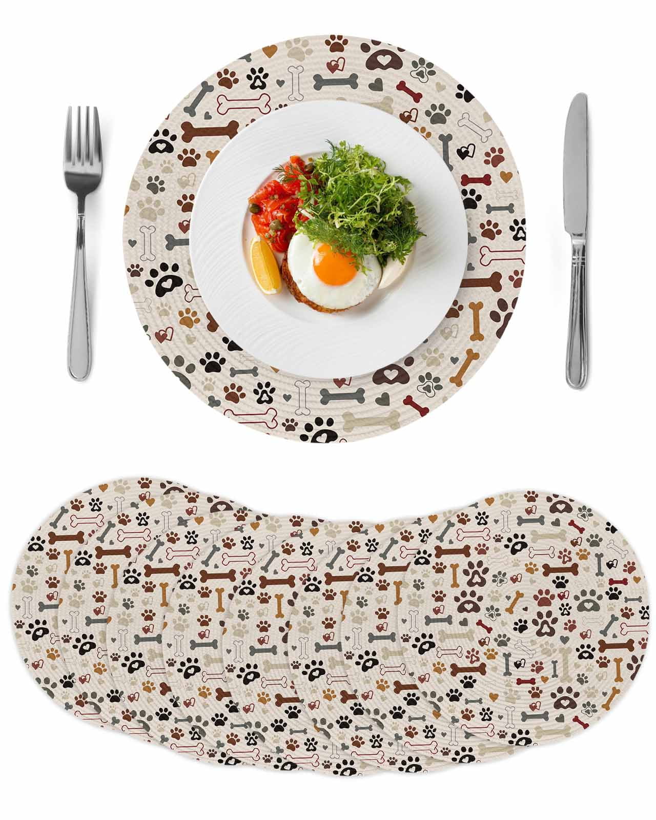 Cat Dog Paw Print Round Table Placemats set of 8, Retro Brown Bones ...
