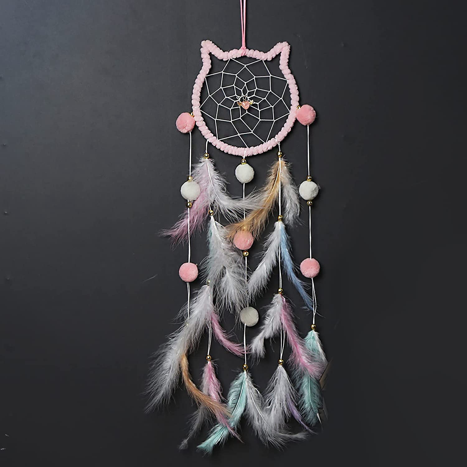 Cat Dream Catcher Colorful Feather Pompom Beads Wall Decor Hanging ...