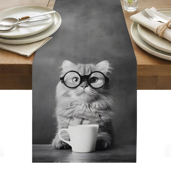 Cat Drinking Coffee Cotton Linen Table Runner Funny Animal Dining Table ...
