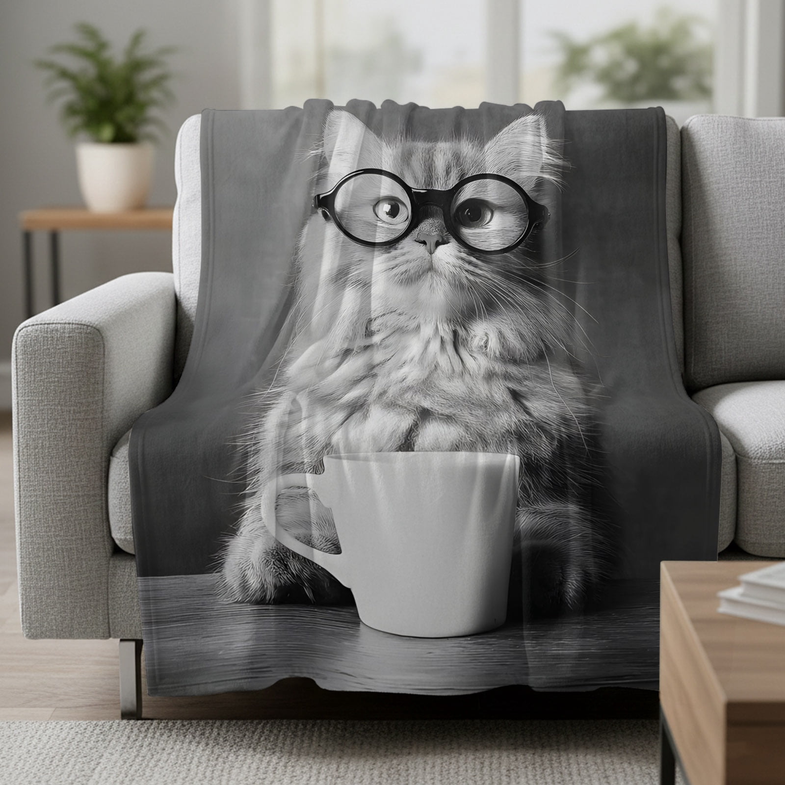 Cat Drinking Coffee Fleece Throw Blanket Funny Animal Ultra Soft Fuzzy ...