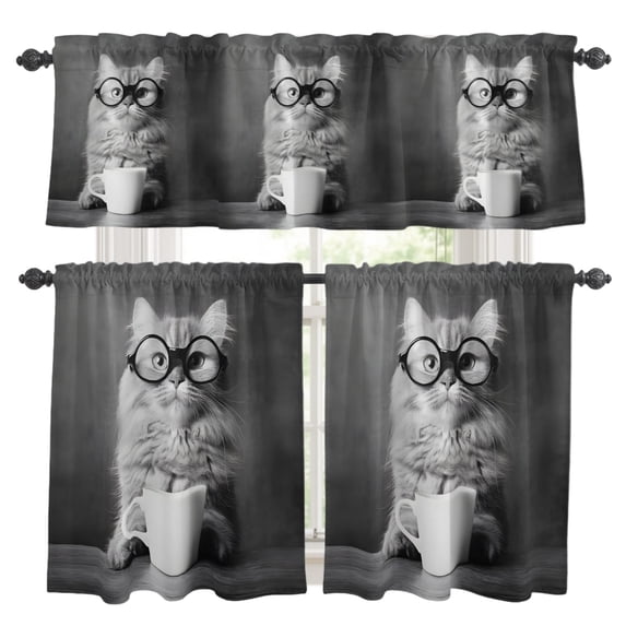 Cat Drinking Coffee Kitchen Curtains Set for Windows, Funny Animal ...