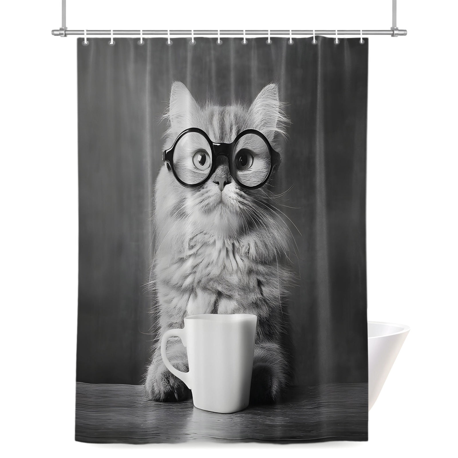 Cat Drinking Coffee Shower Curtain, Funny Animal Waterproof Shower ...