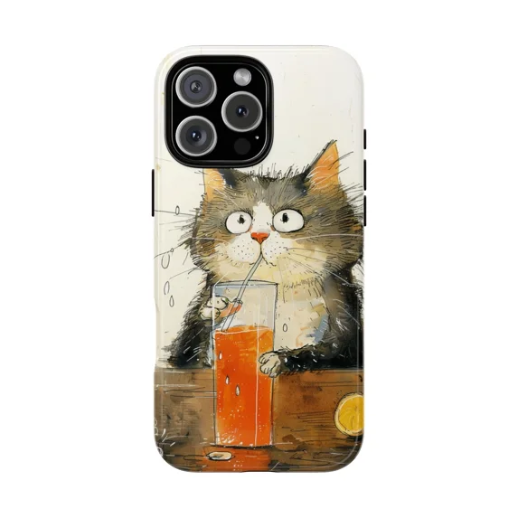 Cat Drinking Orange Beverage Art Case for iPhone 17 through 11 Pro Max ...