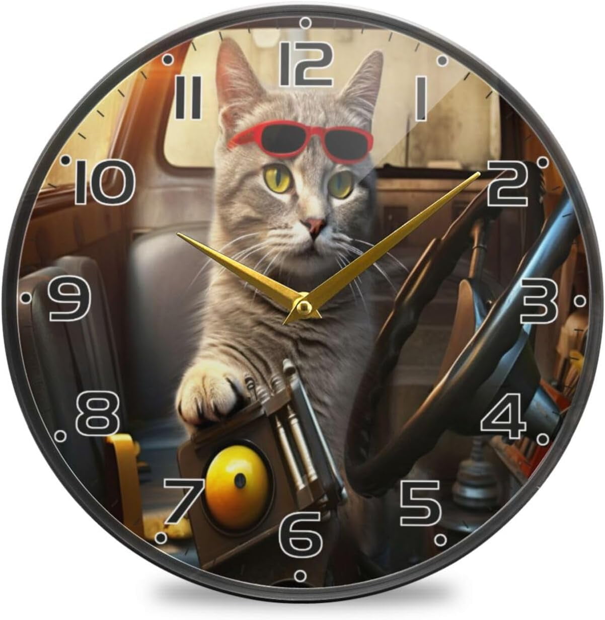 Cat Driver Wall Clock Round Silent Non Ticking Battery Operated ...