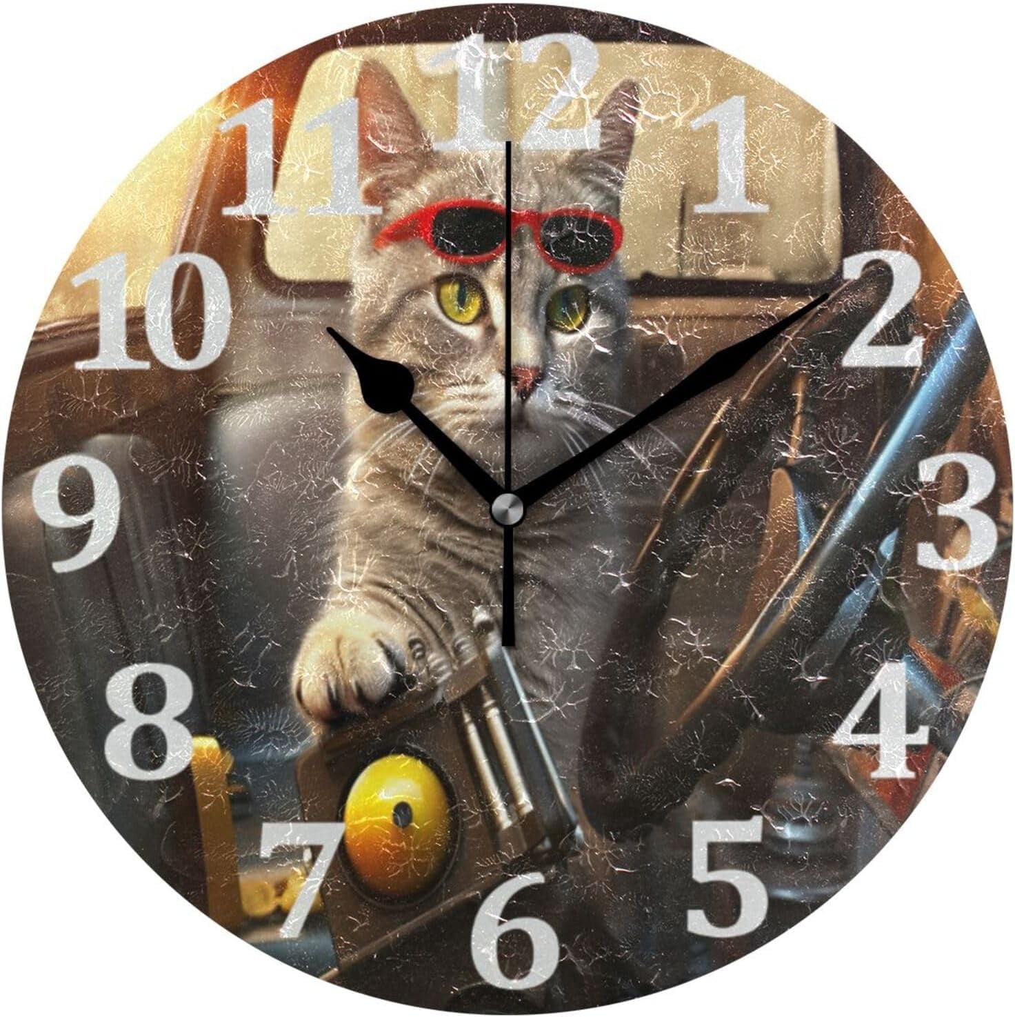 Cat Driver Wall Clock Round Vintage Silent Non Ticking Battery Operated ...