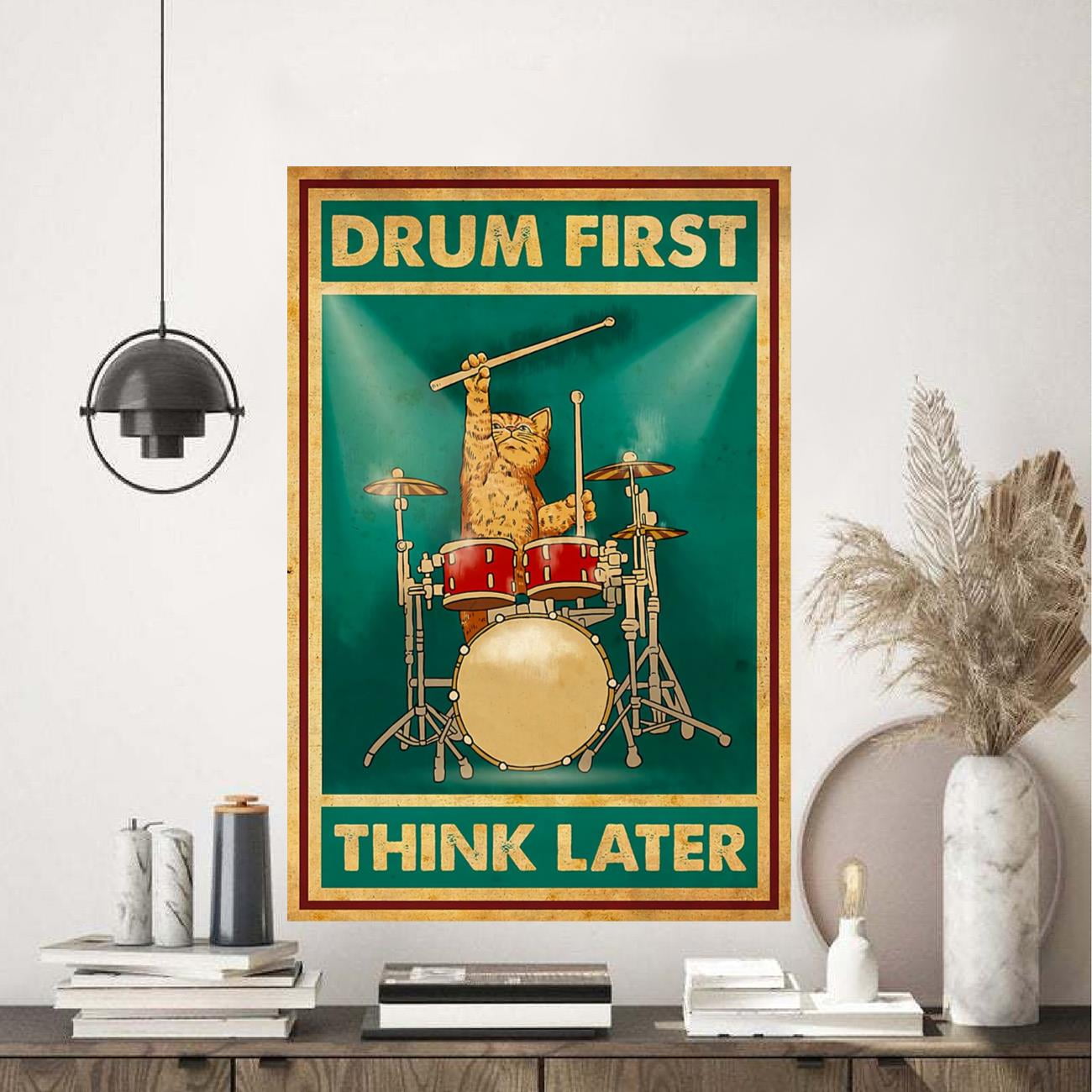 Cat Drum First Think Later Vintage Poster cat poster Gift for cat dad ...