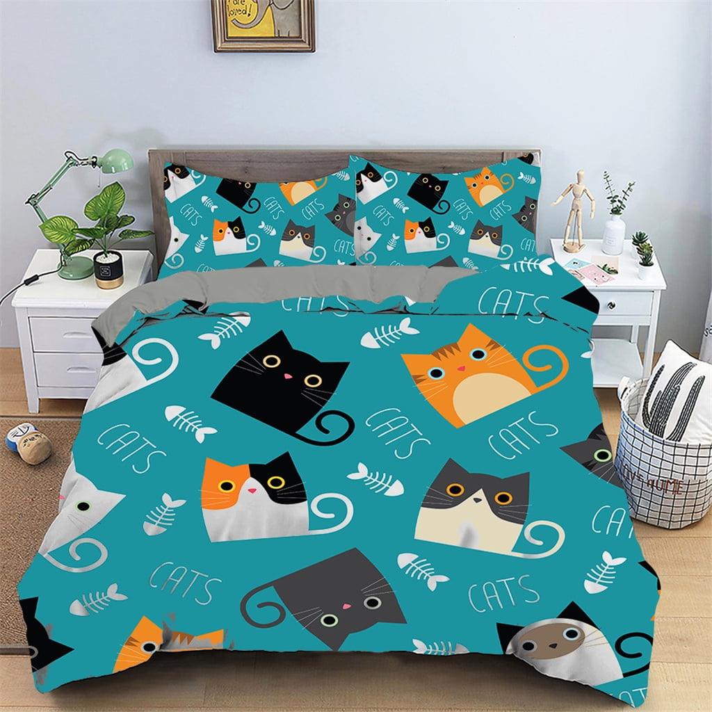 Cat Duvet Cover, 100% Cotton 3Pcs Cat Bedding Set, Cute Animal Cartoon ...