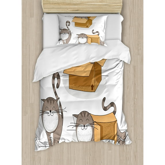 Cat Duvet Cover Set, Cartoon Cat Trying Fit Different Sized Cardboard ...