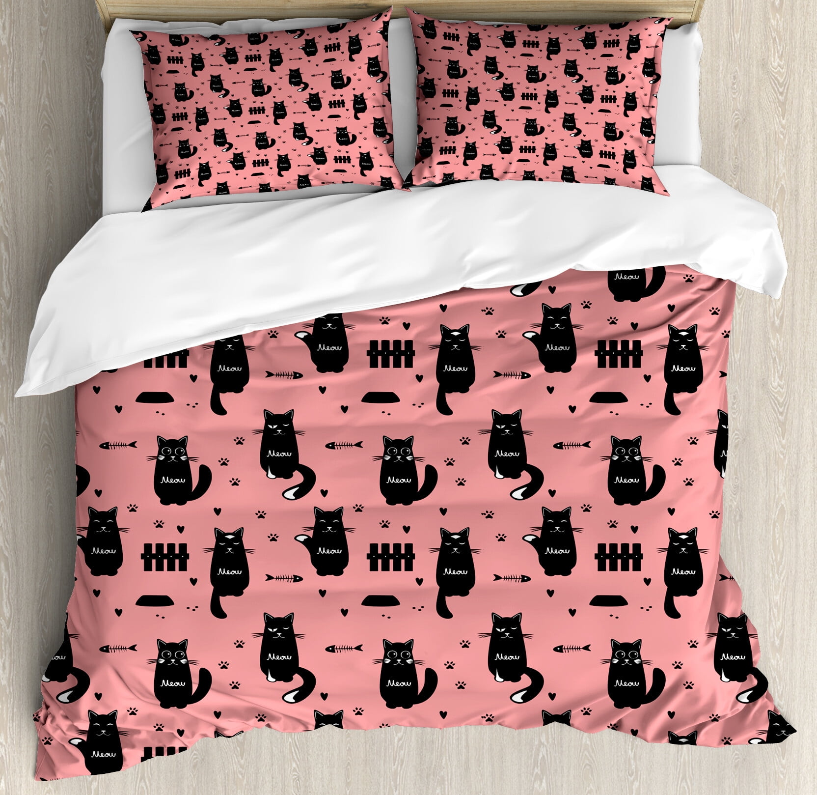 Cat Duvet Cover Set, Continuous Kitten Silhouette Meow Typography Paw ...