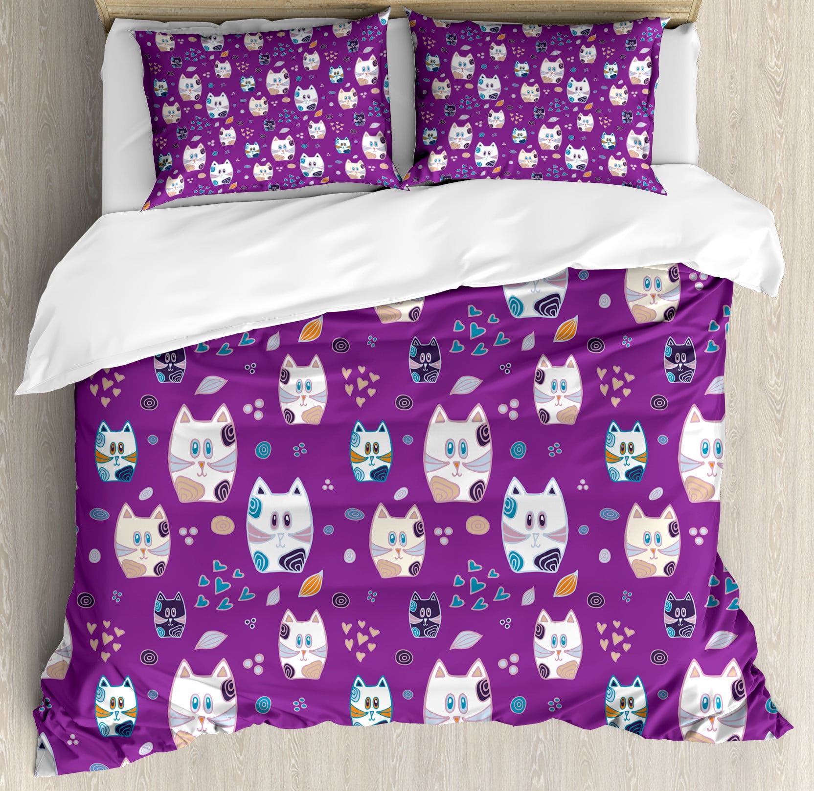 Cat Duvet Cover Set, Doodle Cartoon Design Kittens Pattern Ornate ...