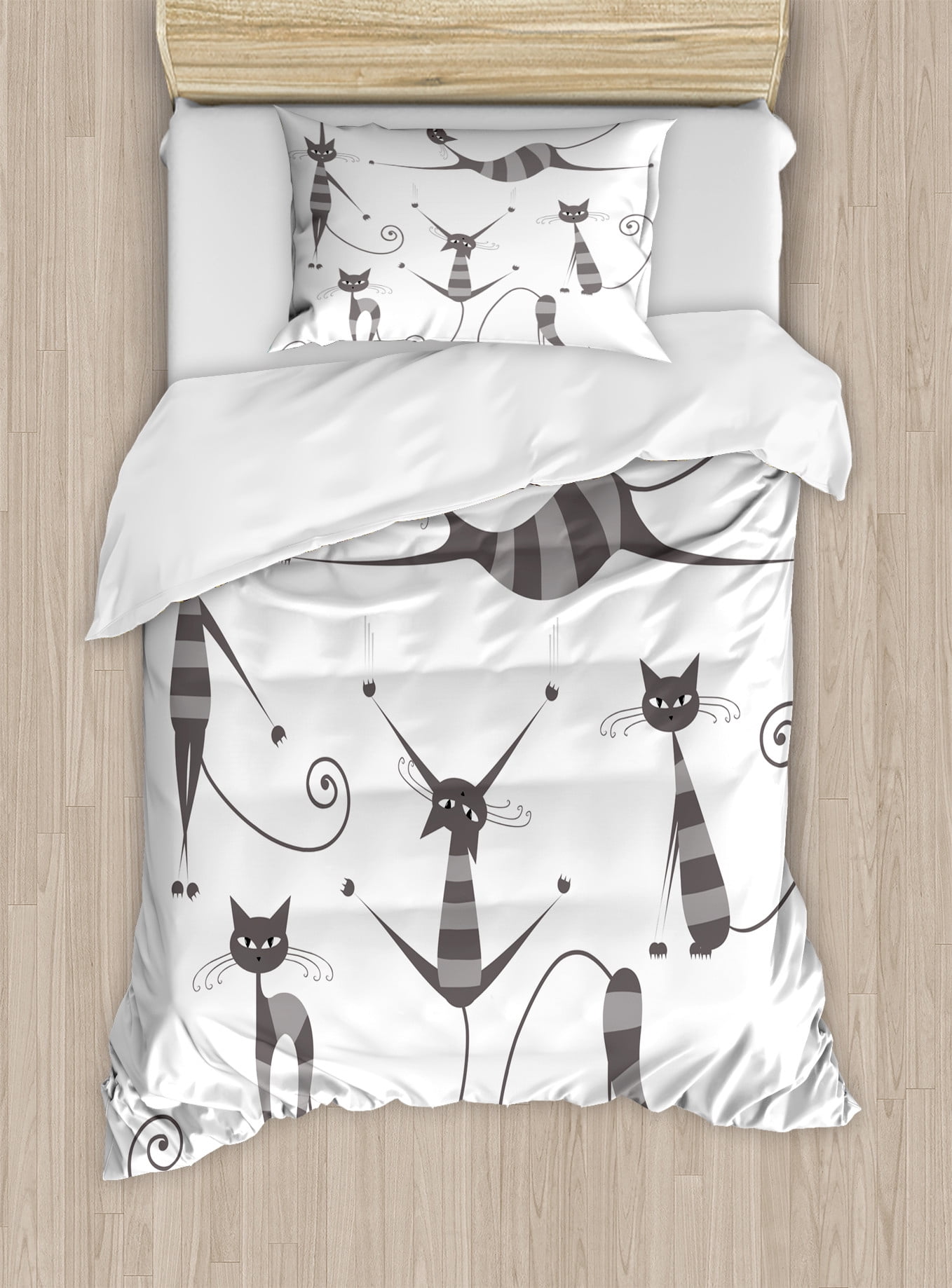 Cat Duvet Cover Set, Furry Skinny Striped Cats in Several Funny Body ...