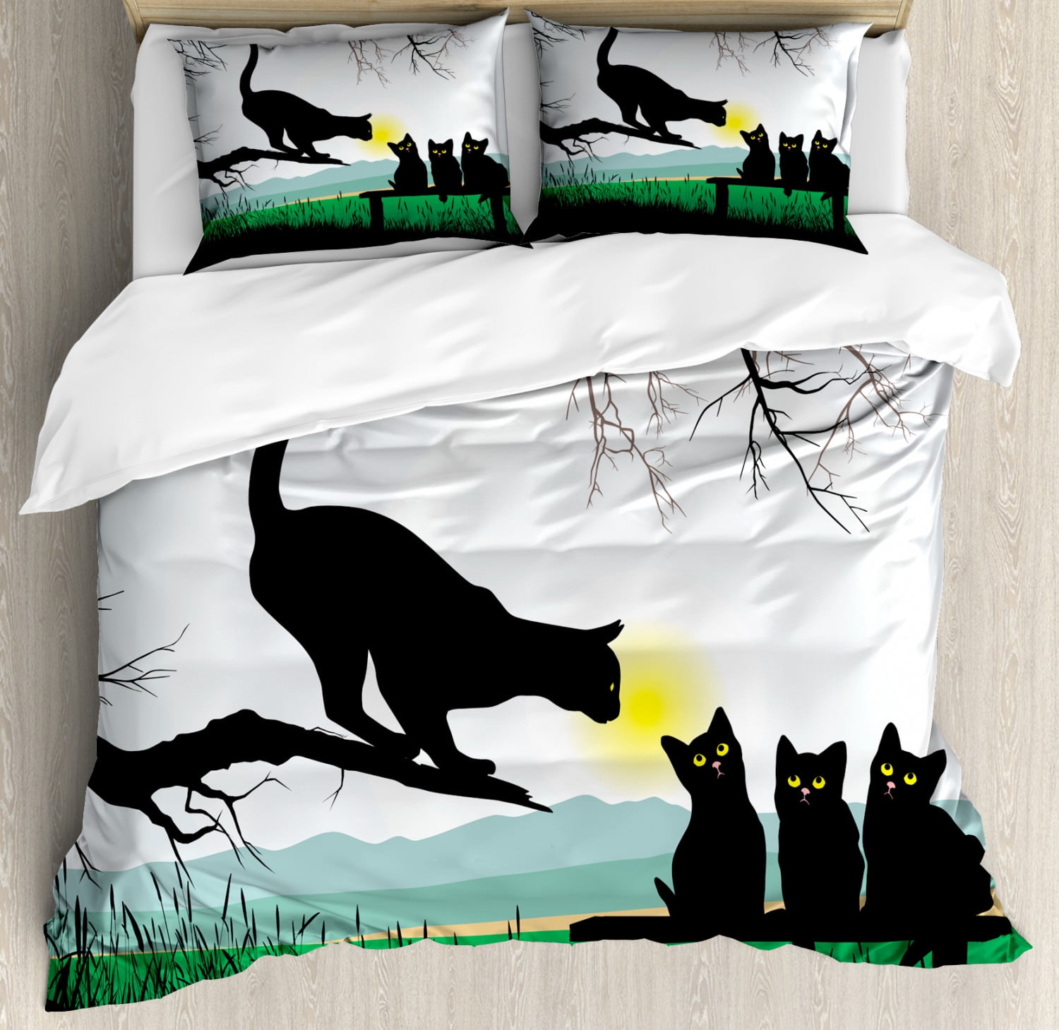 Cat Duvet Cover Set, Mother Cat on Tree Branch and Baby Kittens in Park ...