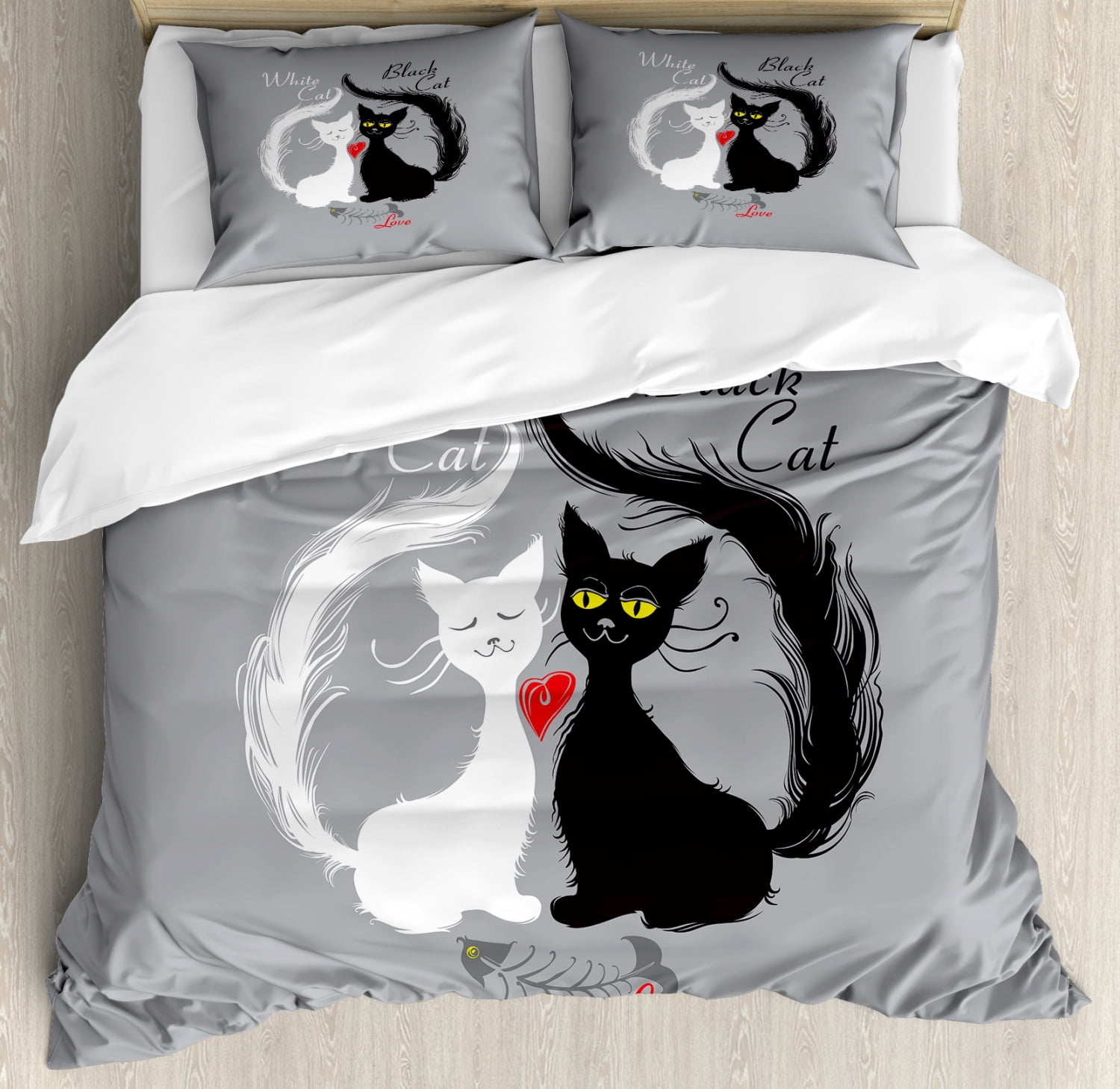 Cat Duvet Cover Set Queen Size, Pair of Cats in Love Having Eaten Fish ...