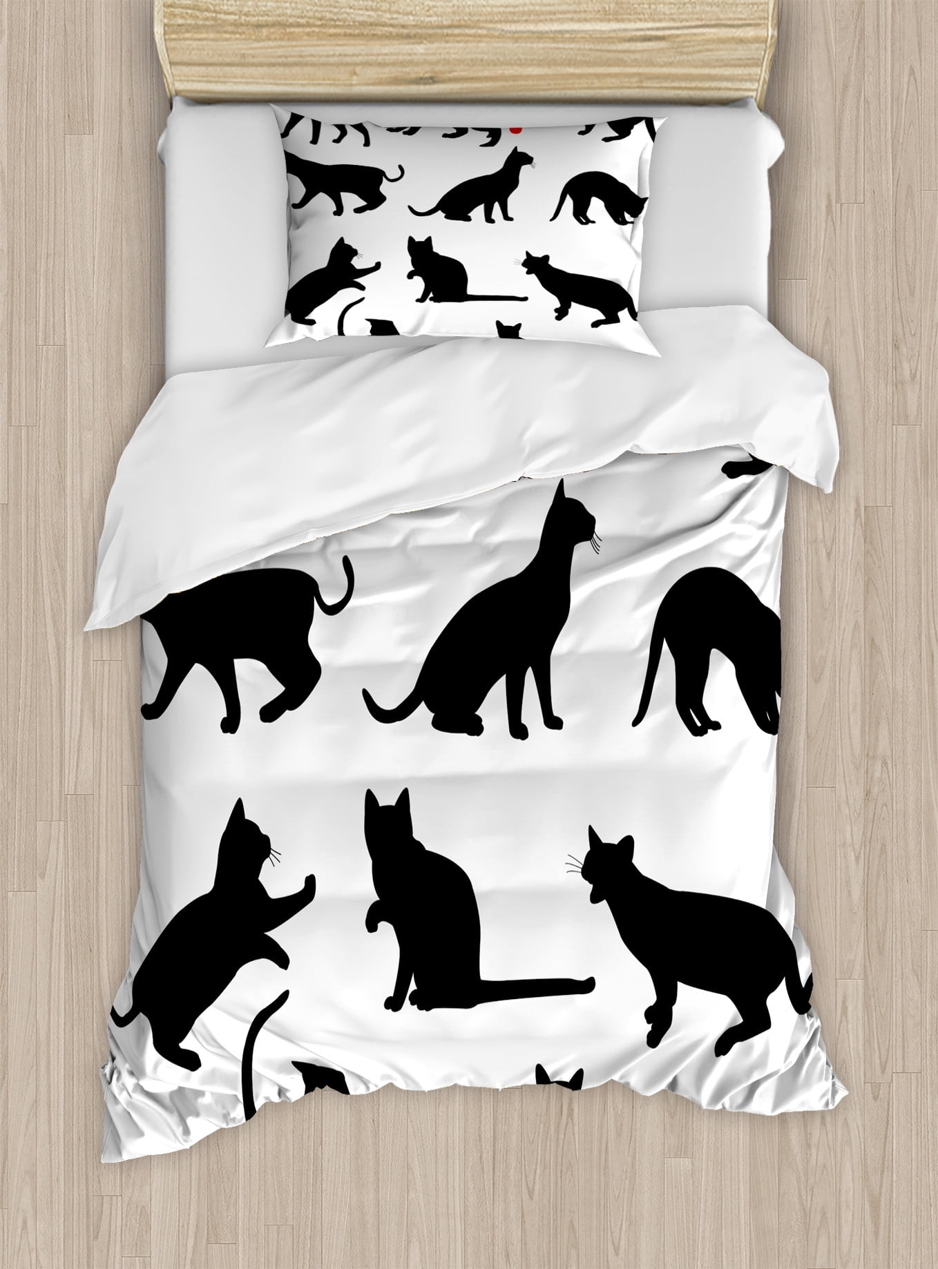 Cat Duvet Cover Set, Silhouette of Kittens in Various Postures Playing ...