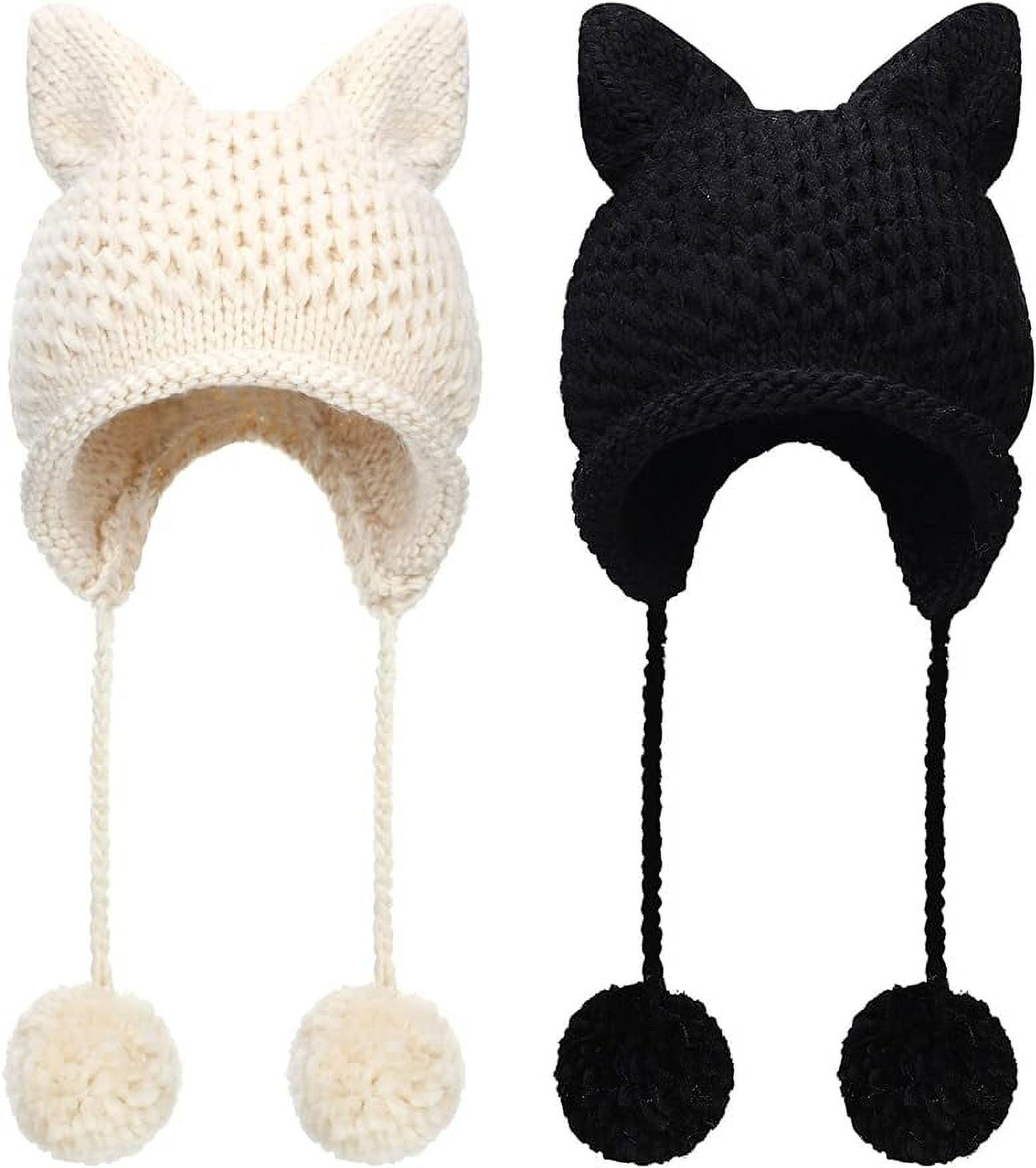 Cat Ear Beanie 2 Pieces Warm with Ears Cute Cat Hats for Women Crochet ...