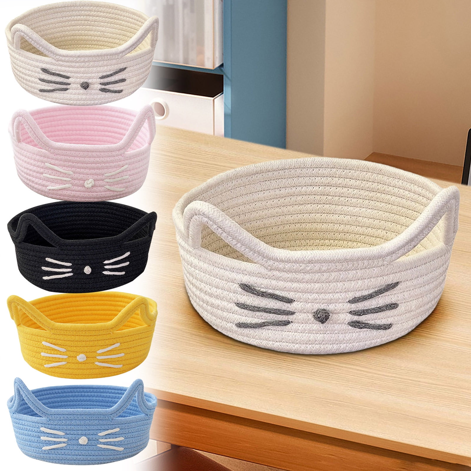 Cat Ear Cotton Rope Storage Basket 10 Inch Round Desktop Organizer Box ...
