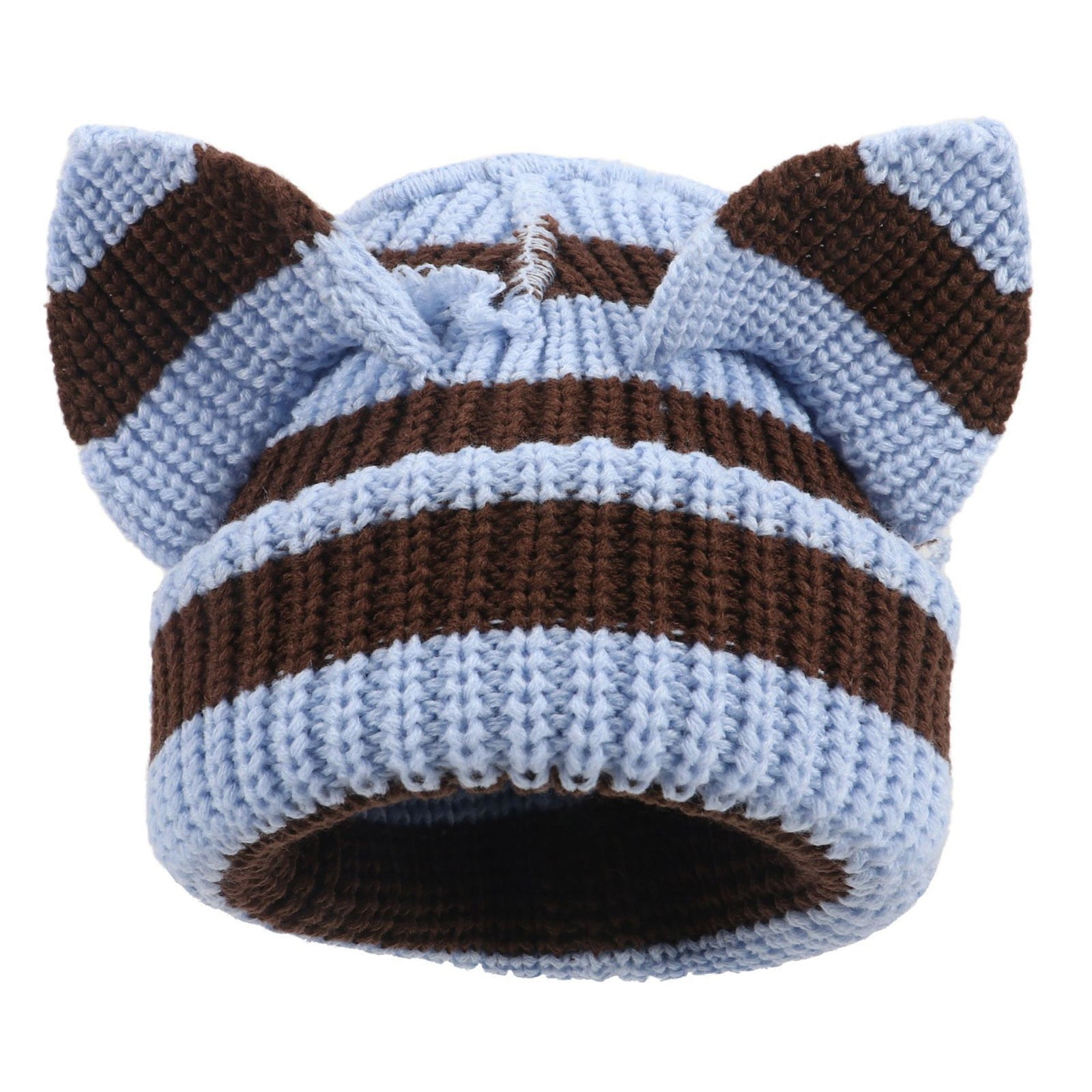 Cat Ear Knit Hat Cute Beanie Hat Knitted Skull Cap Striped Warm Slouchy ...
