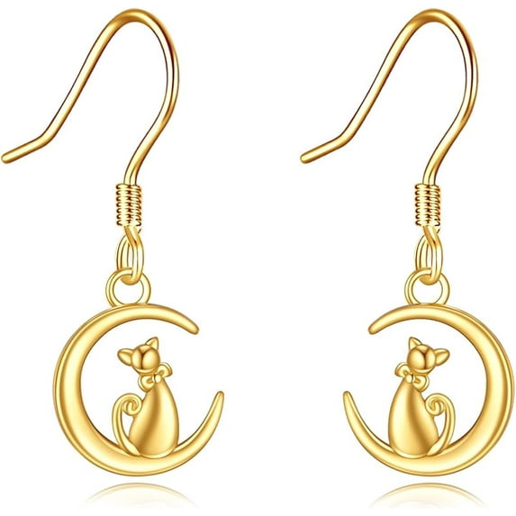 Cat Earrings Gifts for Women 14K Yellow Gold Animal Cat Drop Earrings ...
