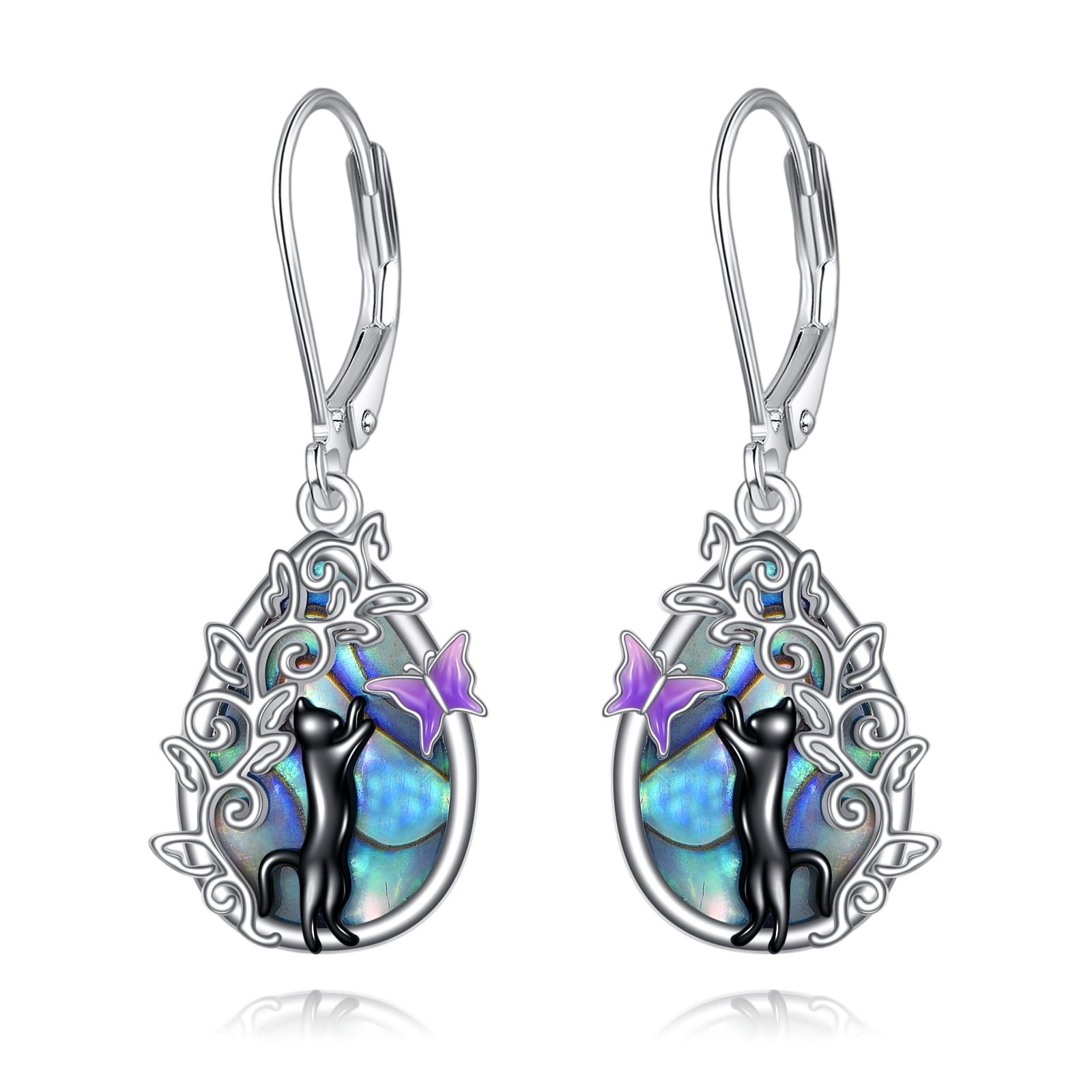 Cat Earrings Sterling Silver Abalone Shell Cat Dangle Earrings ...