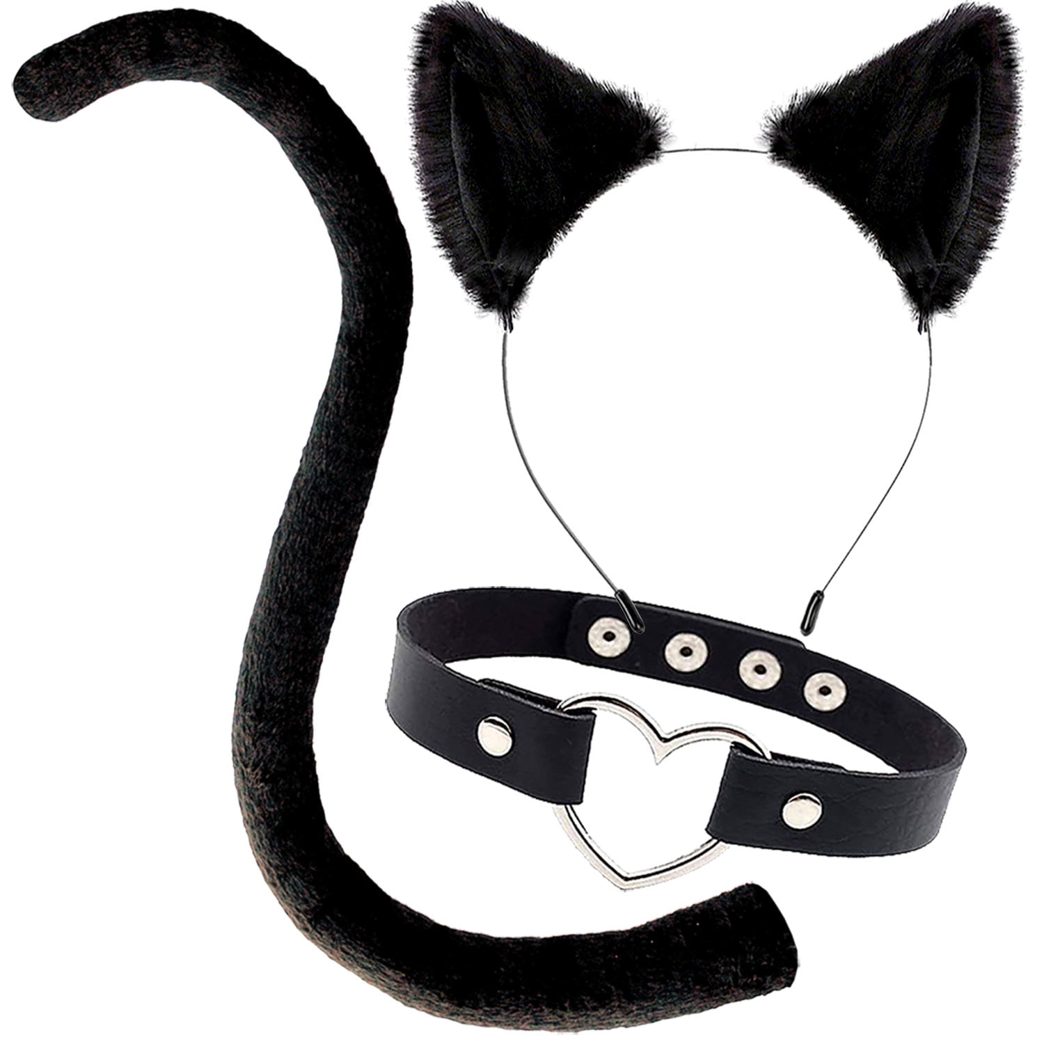 Cat Ears And Tail Costume Accessory Set With Furry Ears Headband Long Black Tail And Heart Choker