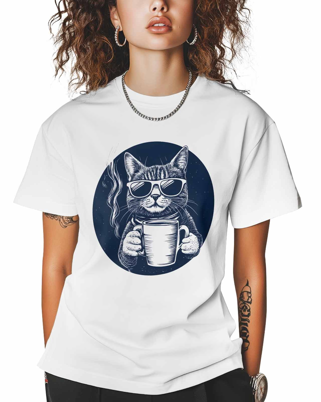 Cat Eat Coffee T Shirts for Women Short Sleeve Cotton Crewneck T-Shirt ...