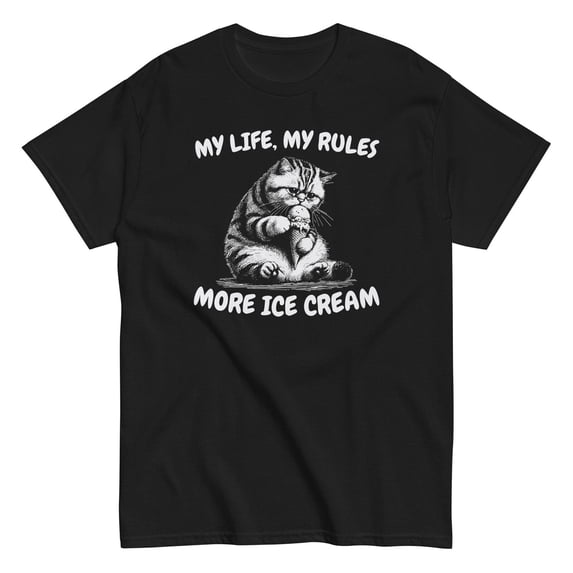 Cat Eating Ice Cream My Rules Cotton T-Shirt Cat Owner Cat Mom Dad Tee ...