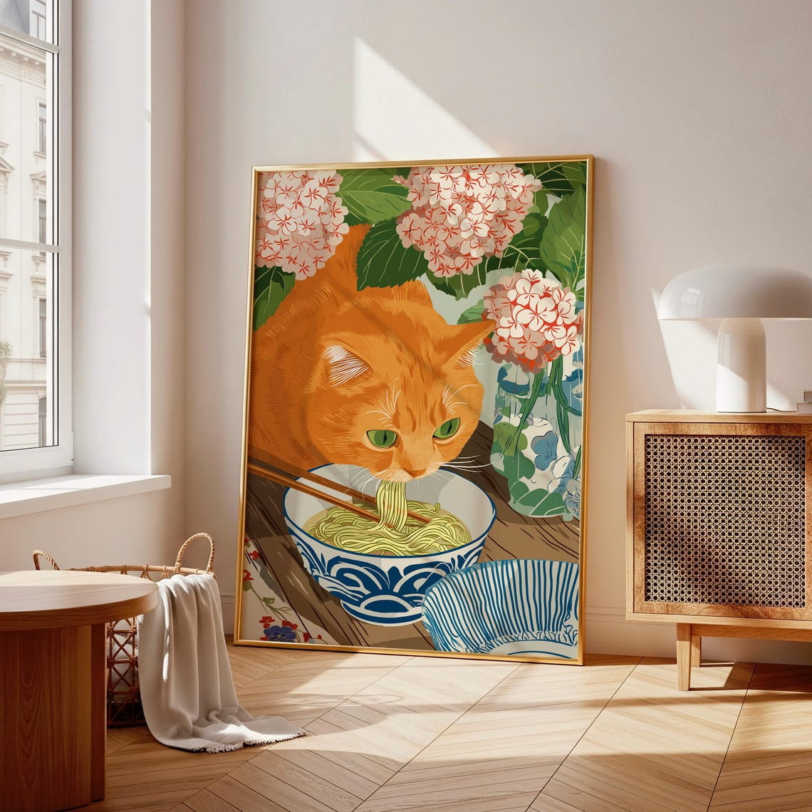 Cat Eating Ramen Foodie s Animal Japanese Inspired Decor Art, Unframed ...