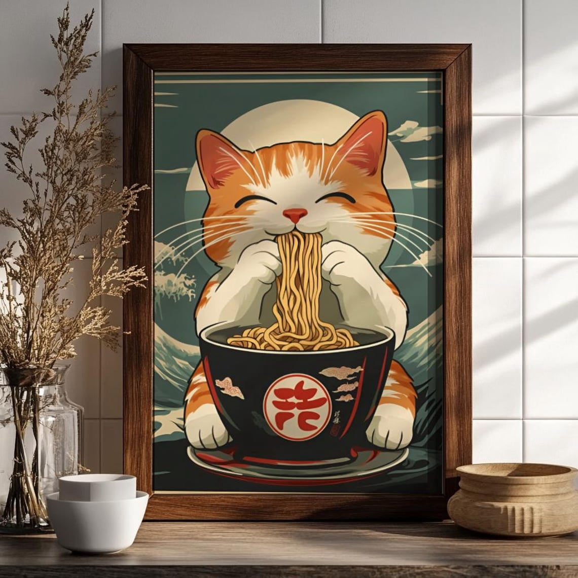 Cat Eating Ramen Print, Funny Japanese Wall Art, Noodle Lover Gift ...