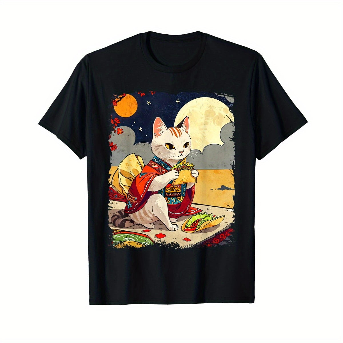 Cat Eating Tacos Funny Taco Cat Ukiyo-e Art Mexican Cat T-Shirt ...
