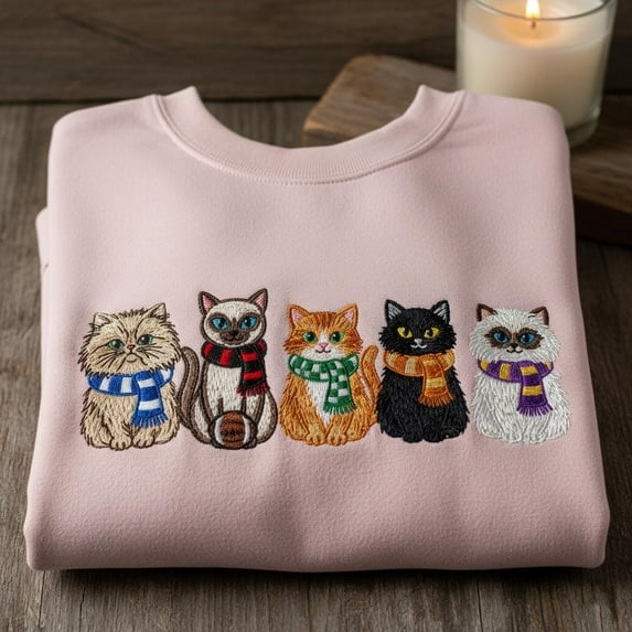 Cat Embroidered Sweatshirt, Cute Kitty in Scarf Hoodie, Persian Siamese ...