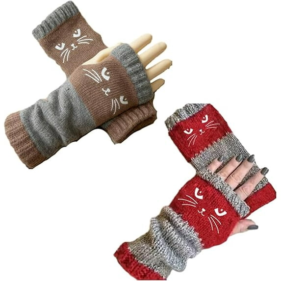 Cat Embroidery Splicing Knitted Gloves, Y2K Style Fingerless Gloves For ...