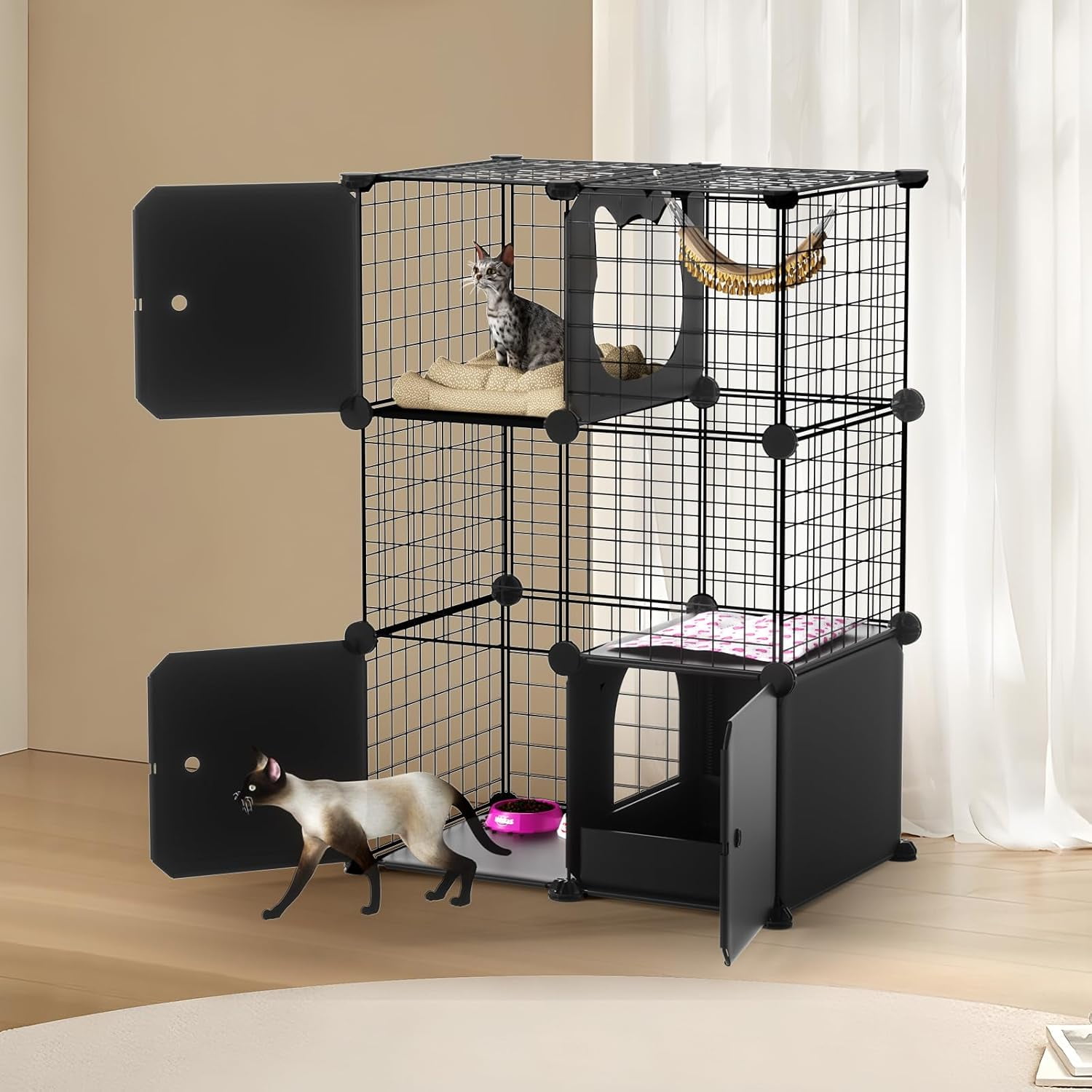 Cat Enclosure Indoor with Litter Box, 3-Tier Metal Wire Cat Cage, DIY ...