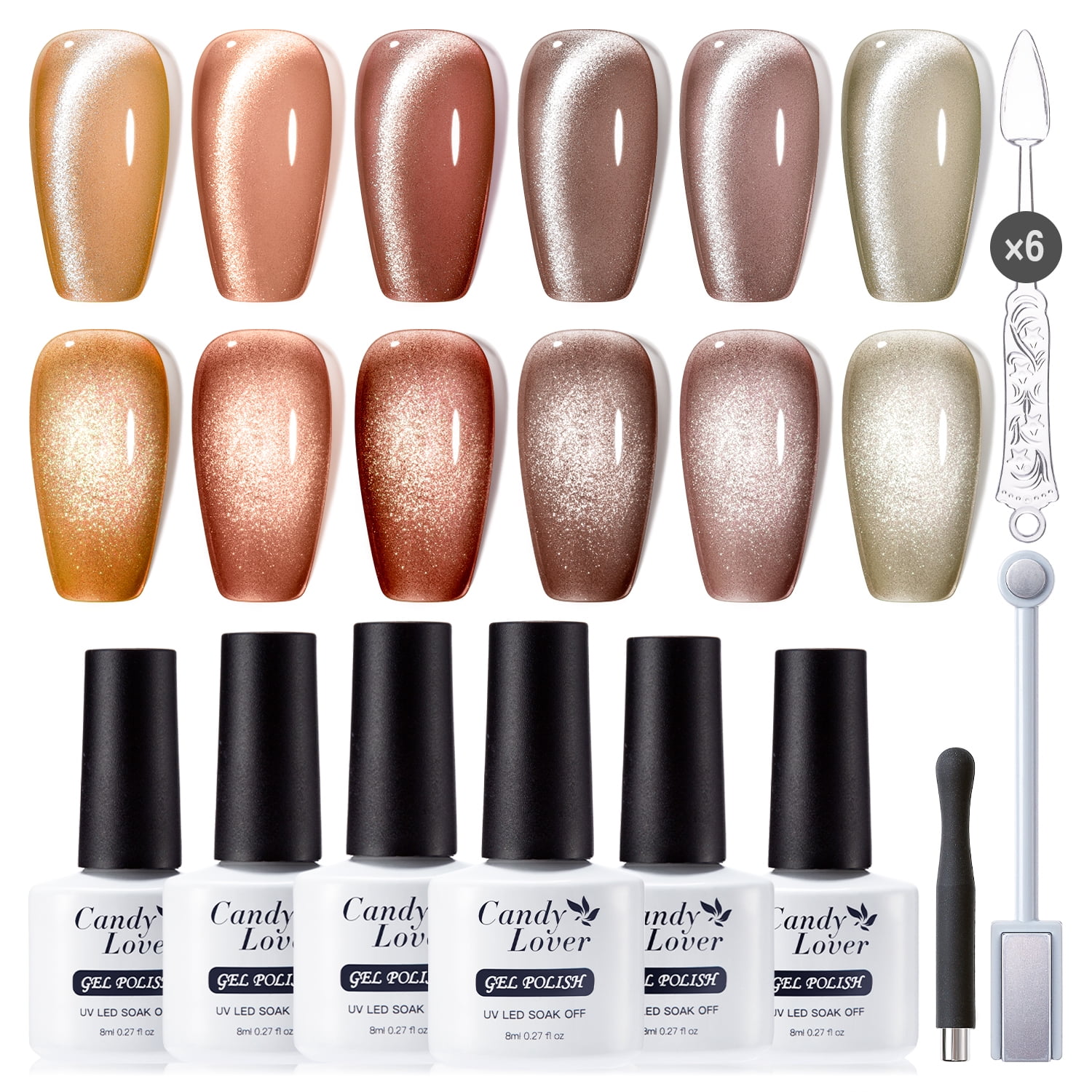 Cat Eye Gel Nail Polish Kit, Candy Lover 6 Brown Grey Yellow ...