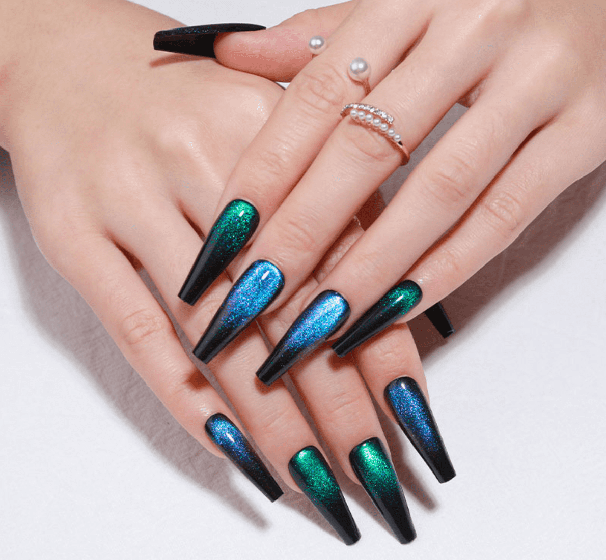 Cat Eye Press on Nails Long Stiletto Fake Nails Glitter Full Cover ...