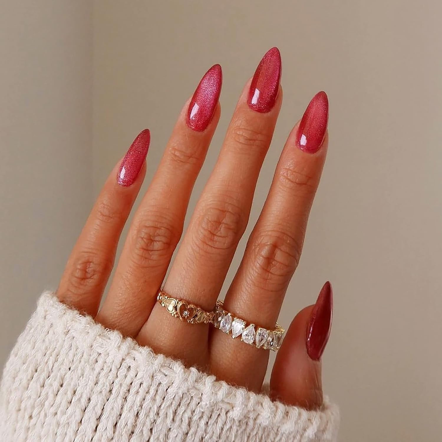 Cat Eye Press on Nails Medium Almond Fake Nails Glossy Acrylic Full ...