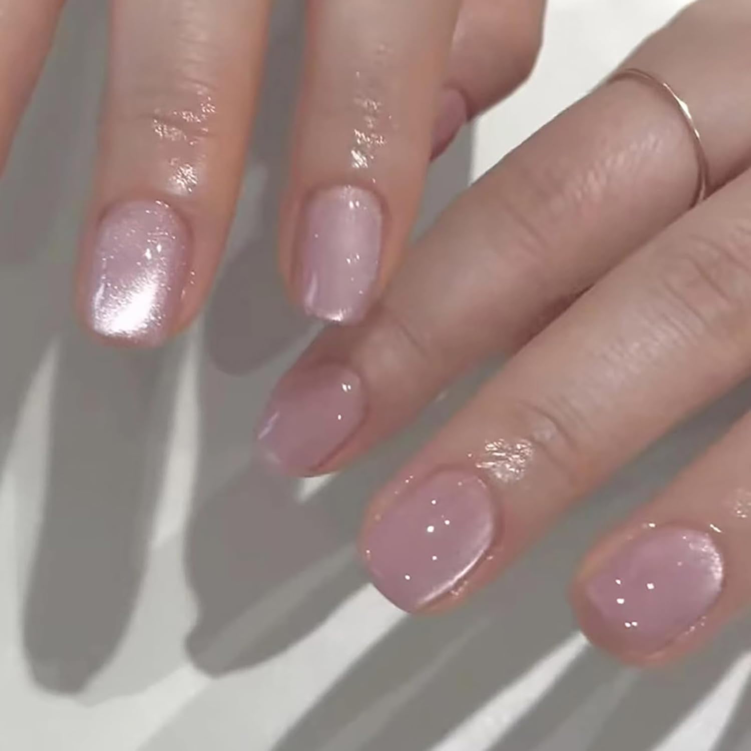 Cat Eye Press on Nails Short Square Fake Nails Pink Full Cover Magnetic ...