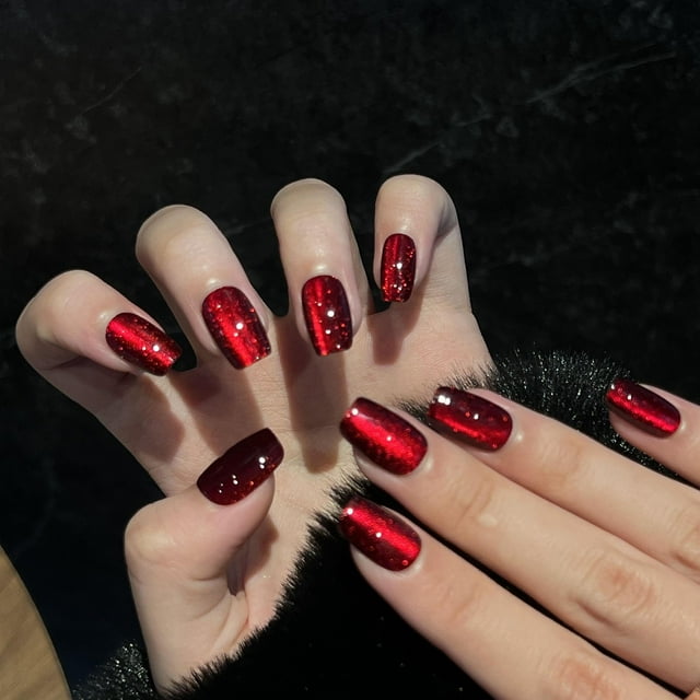 Cat Eye Press on Nails Wine Red Fake Nails Short Square False Nails ...