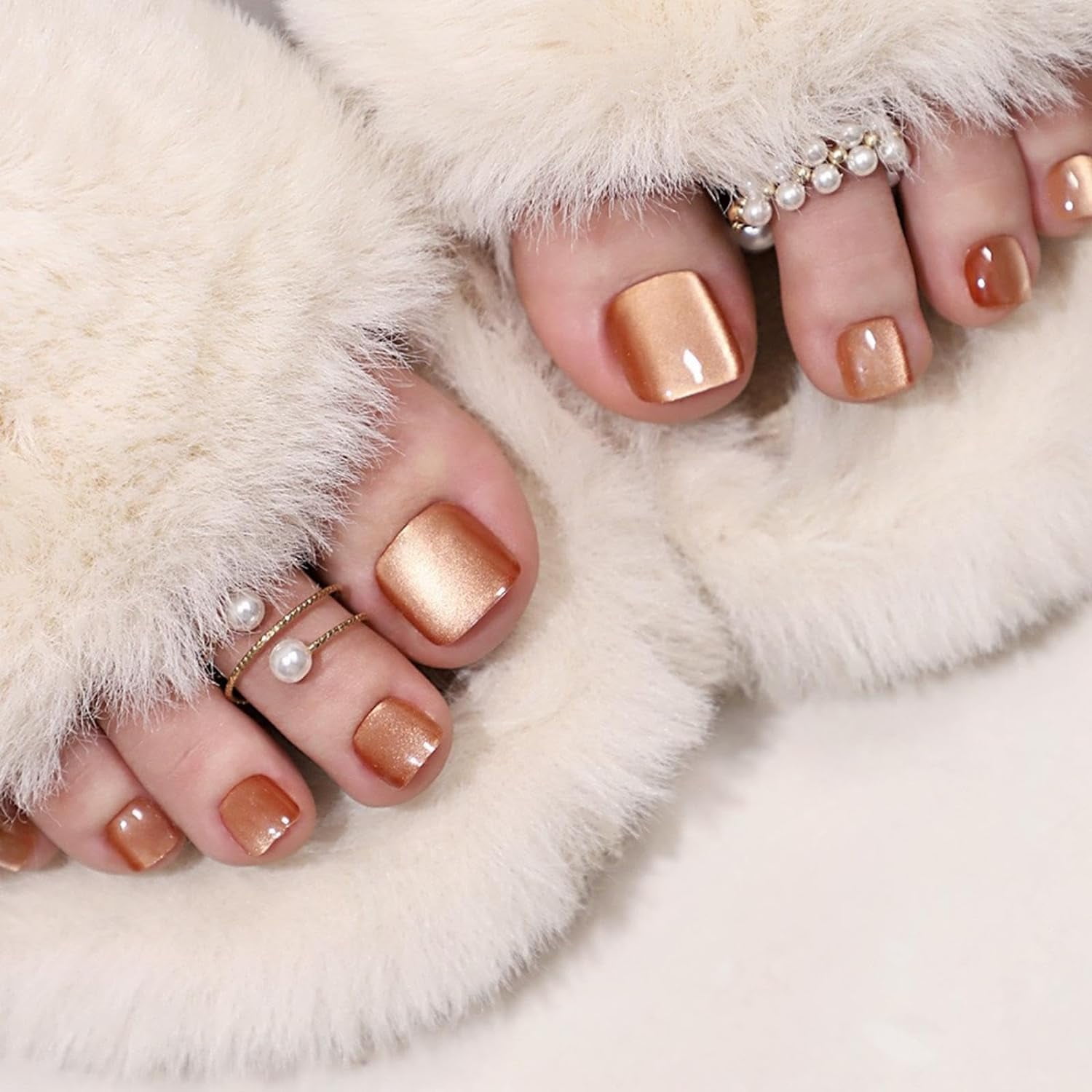 Cat Eye Press on Toes Nails Brown Fake Toenails Full Cover Short Square ...