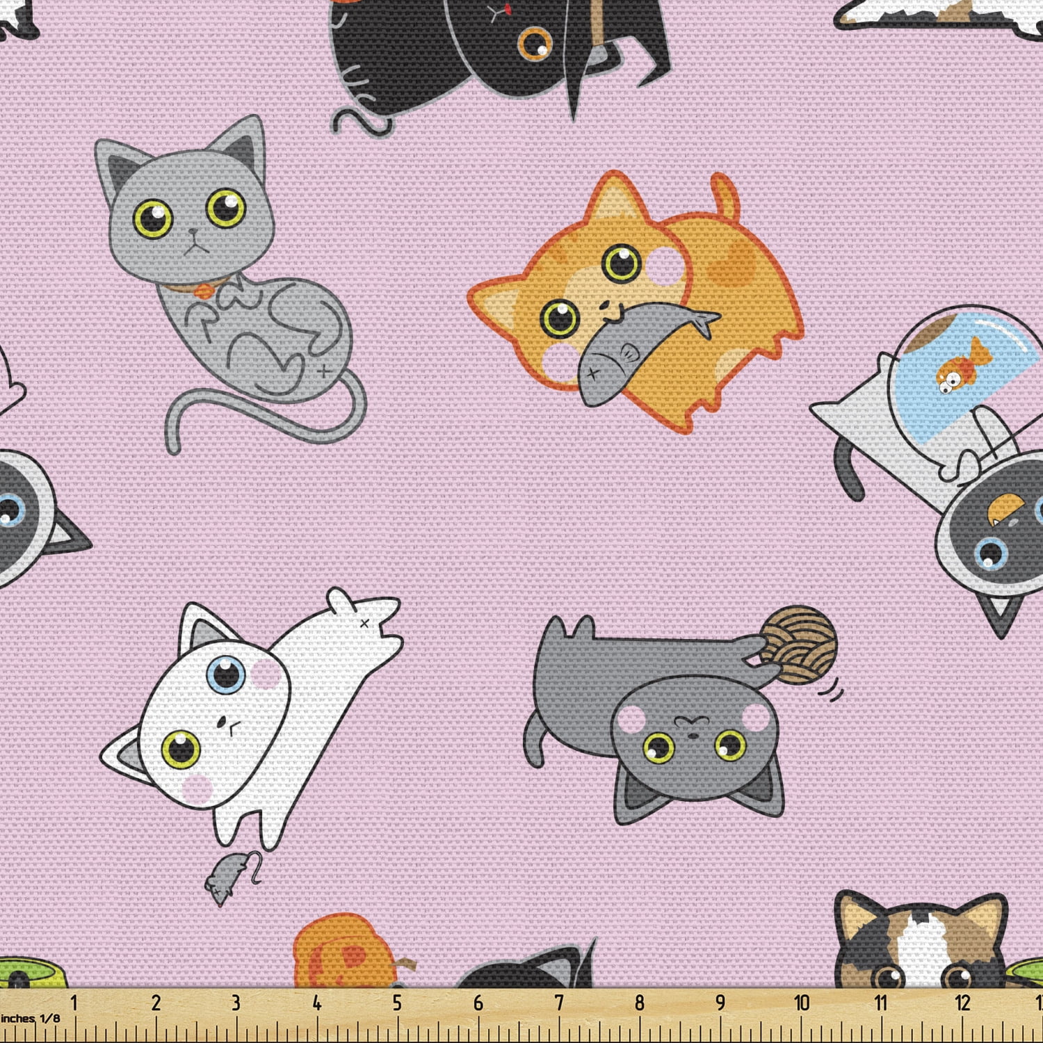 Cat Fabric by the Yard, Colorful Kittens Playing with Fish Mice and ...