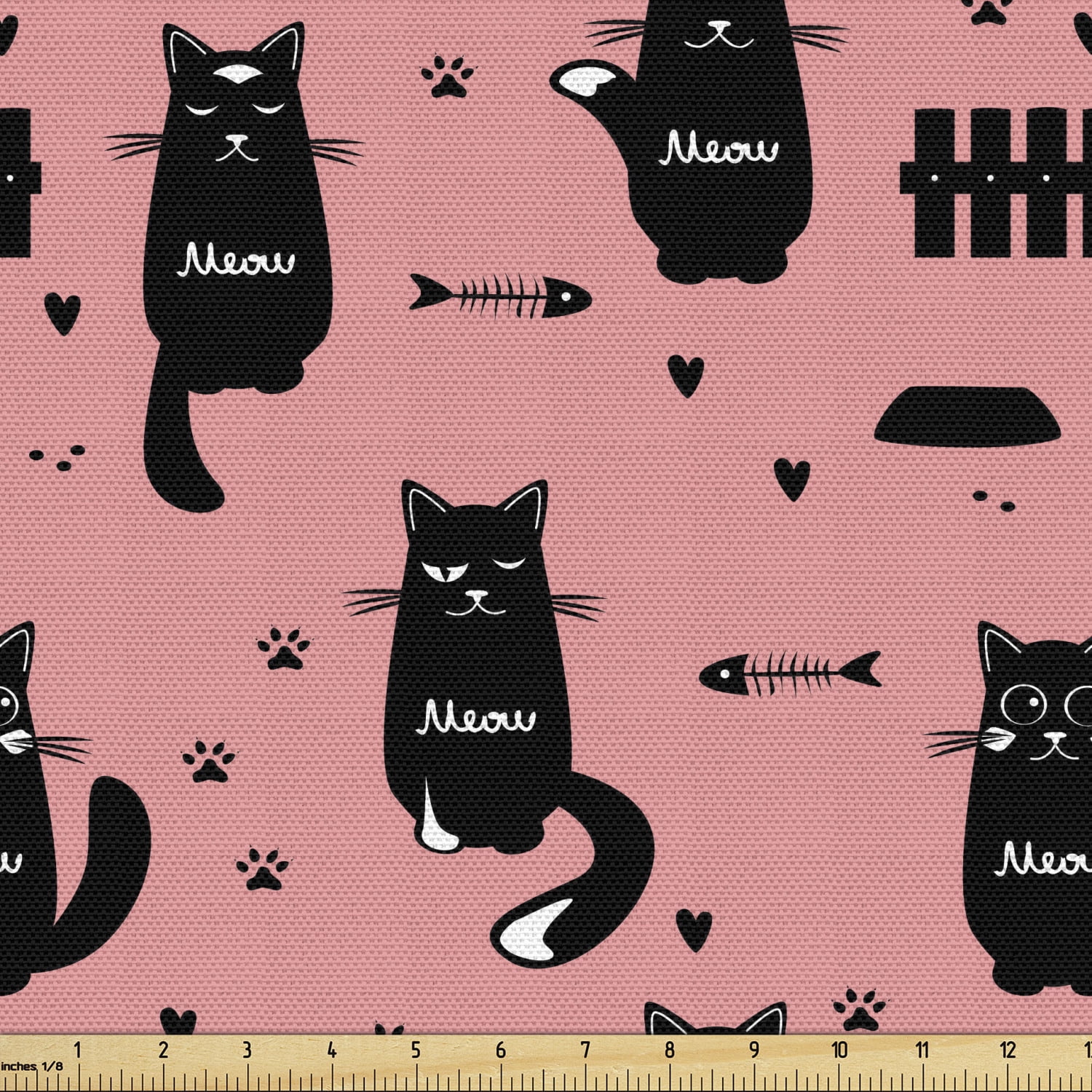 Ambesonne Cat Fabric by the Yard Upholstery, Kitten Silhouette Fish ...