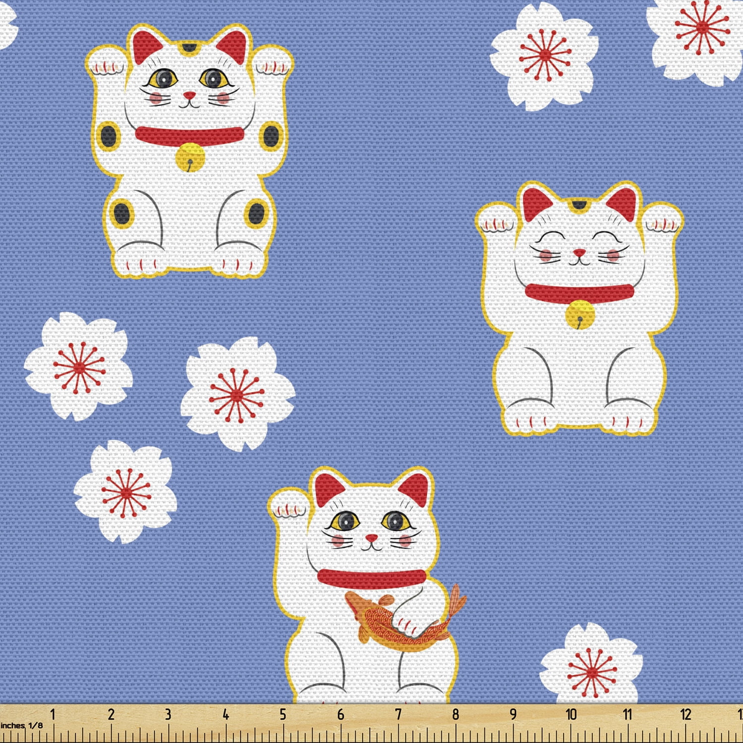 Ambesonne Cat Fabric by the Yard Upholstery, Maneki-Neko Cats Pattern ...